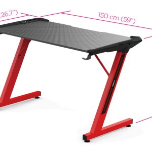 GAMDIAS Zeus Large Gaming Desk with Carbon Fiber Look Surface Home Office Computer Table, Gamer Workstation with The Cup Headset Holder, Black, Red