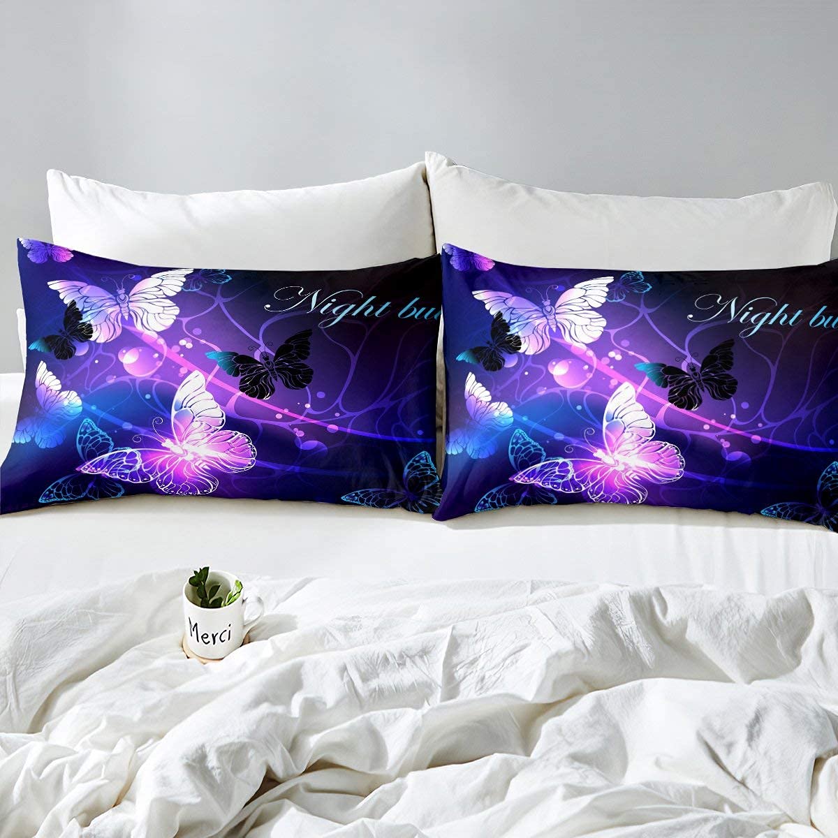 Butterfly Bedding Set, Fantasy Butterflies Fairy Monarch Inspiration Animal Dreamlike Night Garden Theme Comforter Cover, Decorative 3 Piece Duvet Cover With 2 Pillow Shams, King Size, Teal Purple