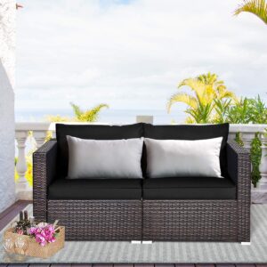 Tangkula Wicker Loveseat 2 Piece, Patio Furniture Couch with Removable Cushions, Rattan Loveseat Sofa for Balcony, Deck, Garden and Poolside