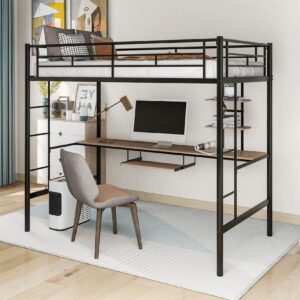 metal loft bed studio loft bunk bed over desk and bookcase with 2 ladders and keyboard tray,twin loft bed for dorm, boys & girls teens kids, black