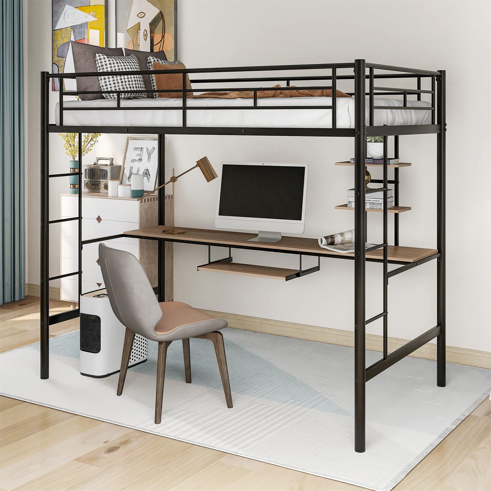 Metal Loft Bed Studio Loft Bunk Bed Over Desk and Bookcase with 2 Ladders and Keyboard Tray,Twin Loft Bed for Dorm, Boys & Girls Teens Kids, Black