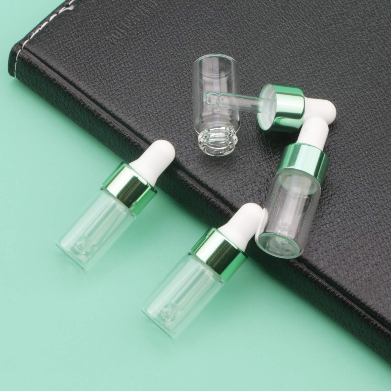 Newzoll 3ml Eye Dropper Bottles with Funnel, 18Pcs Clear Mini Glass Dropper Bottles Essential Oil Bottles Perfume Sample Vials Refillable Liquid Cosmetic Containers, Green Cap