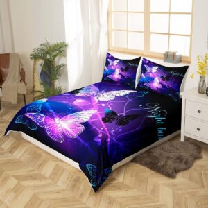 Butterfly Bedding Set, Fantasy Butterflies Fairy Monarch Inspiration Animal Dreamlike Night Garden Theme Comforter Cover, Decorative 3 Piece Duvet Cover With 2 Pillow Shams, King Size, Teal Purple