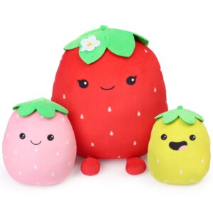 benben strawberry plush toy, set of 3, 12'', 7'' and 6'', squishy fruit stuffed plushies, soft hugging cushion, plush pillow for girls, home decorations, easter gifts