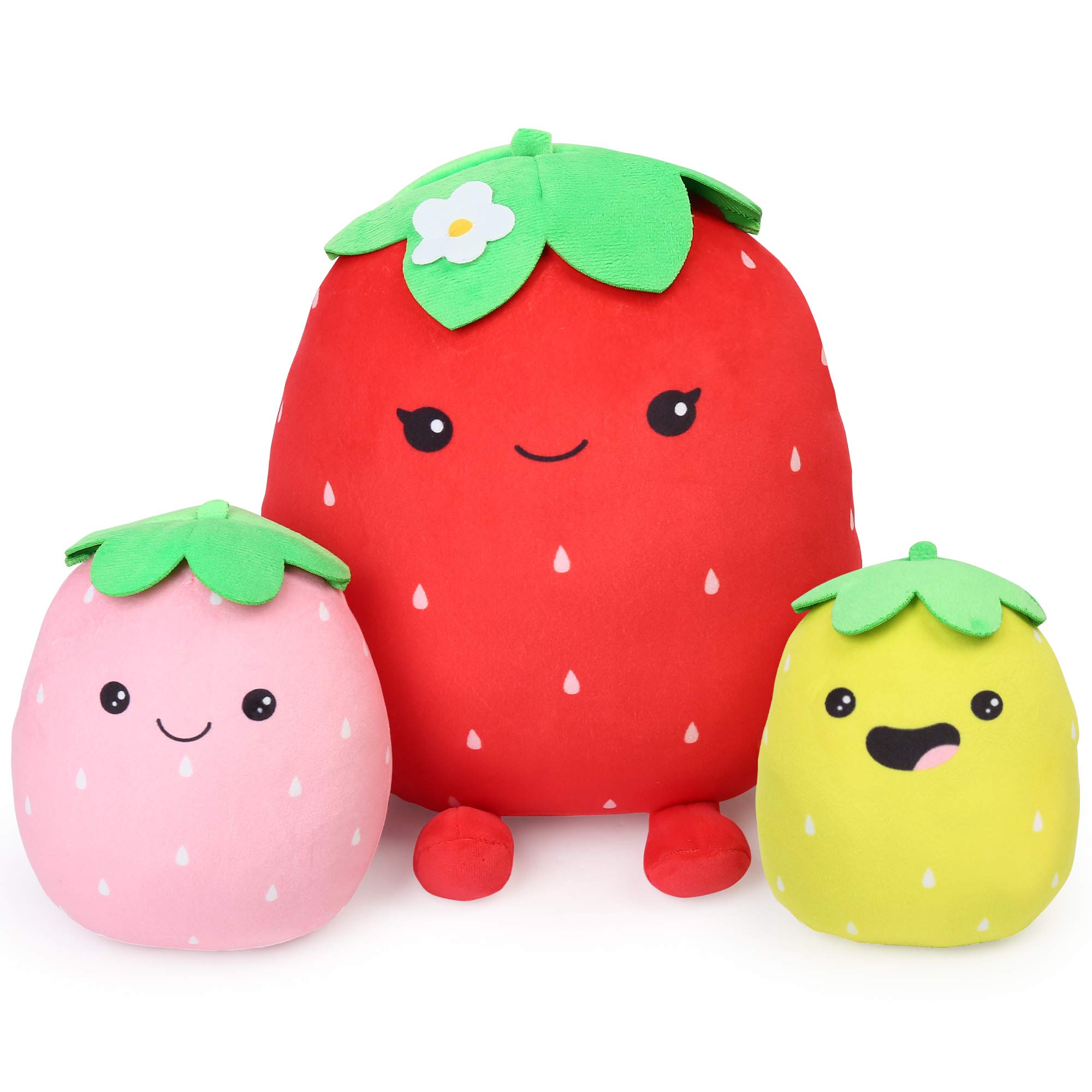 BenBen Strawberry Plush Toy, Set of 3, 12'', 7'' and 6'', Squishy Fruit Stuffed Plushies, Soft Hugging Cushion, Plush Pillow for Girls, Home Decorations, Easter Gifts