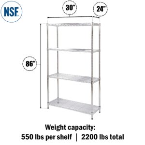 Regal Altair 24" Deep x 30" Wide x 86" High 4 Tier Chrome Wire Shelving Kit | NSF Commercial Storage Rack Unit