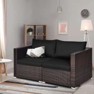 Tangkula Wicker Loveseat 2 Piece, Patio Furniture Couch with Removable Cushions, Rattan Loveseat Sofa for Balcony, Deck, Garden and Poolside