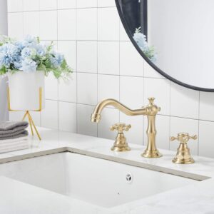 2 Handles Bathroom Faucet GGStudy Brushed Gold 2 Handles 3 Holes Widespread Bathroom Sink Facuet Farmhouse Washingroom Faucet Mixer Tap