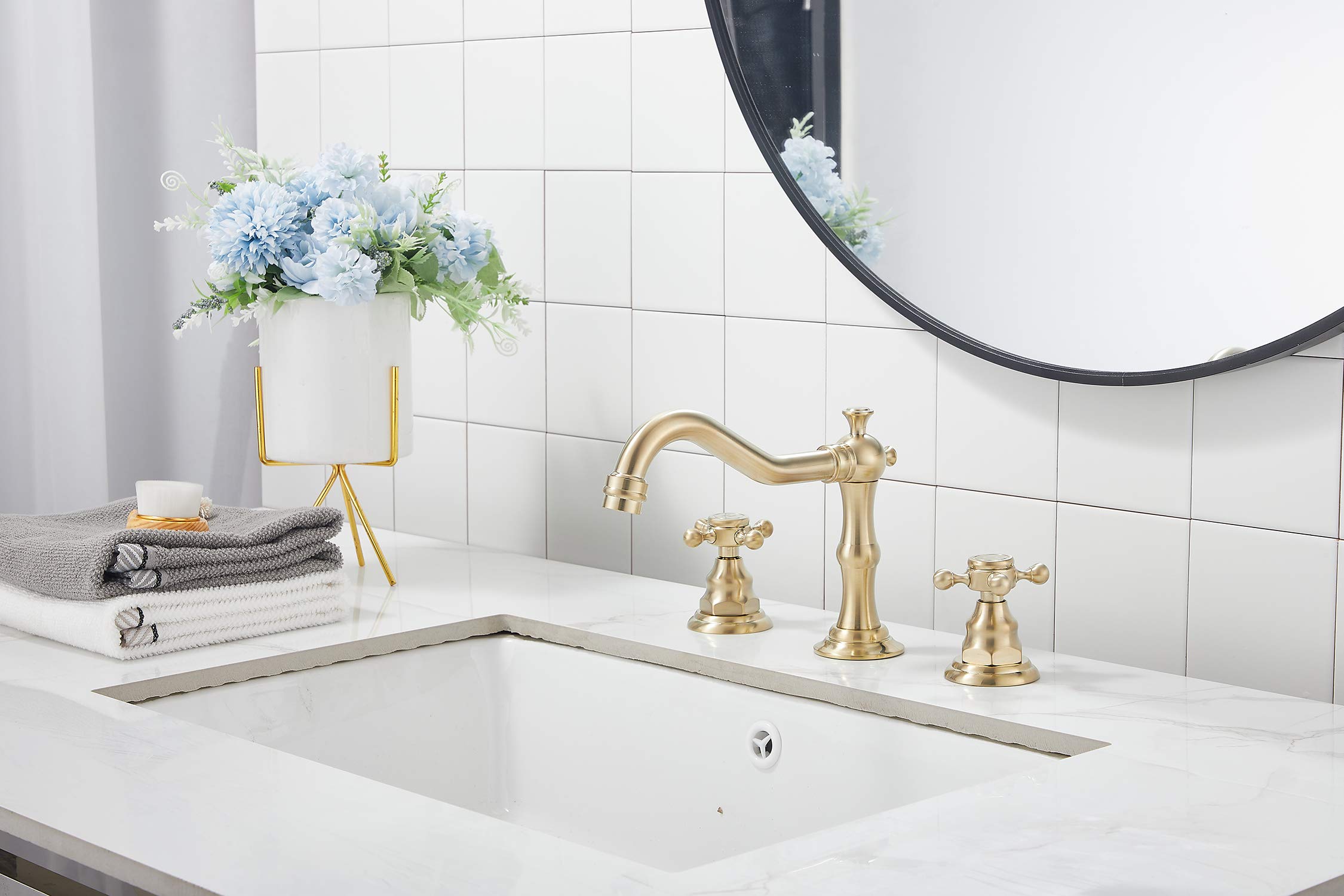 2 Handles Bathroom Faucet GGStudy Brushed Gold 2 Handles 3 Holes Widespread Bathroom Sink Facuet Farmhouse Washingroom Faucet Mixer Tap