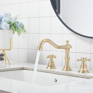 2 Handles Bathroom Faucet GGStudy Brushed Gold 2 Handles 3 Holes Widespread Bathroom Sink Facuet Farmhouse Washingroom Faucet Mixer Tap