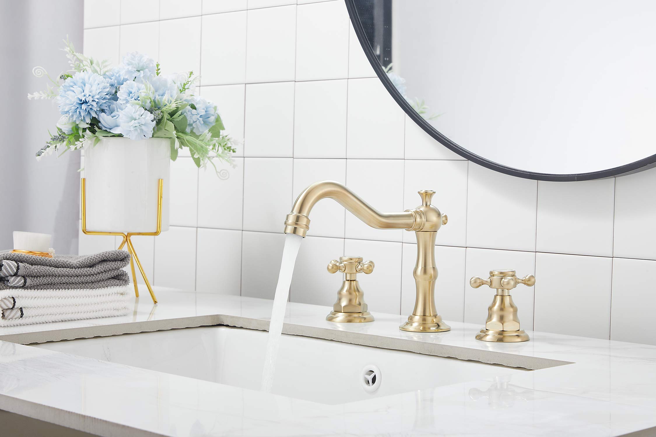 2 Handles Bathroom Faucet GGStudy Brushed Gold 2 Handles 3 Holes Widespread Bathroom Sink Facuet Farmhouse Washingroom Faucet Mixer Tap