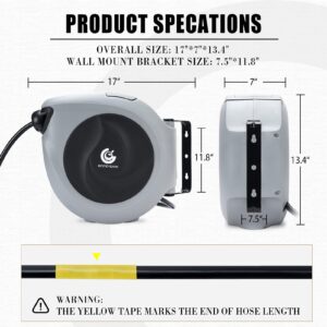 Air Hose Reel Retractable 3/8 in. x 50 ft Hybrid Polymer Hose, Retractable Auto-Rewind Enclosed Heavy Duty 180° Swivel Mount, Max 300PSI Commerical Polypropylene Grey