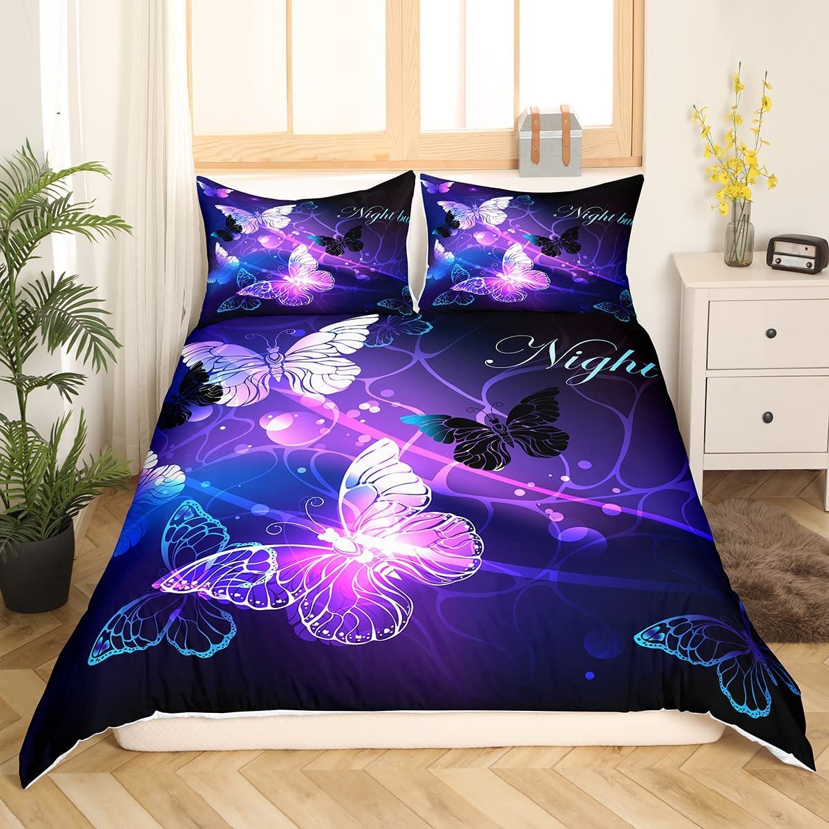 Butterfly Bedding Set, Fantasy Butterflies Fairy Monarch Inspiration Animal Dreamlike Night Garden Theme Comforter Cover, Decorative 3 Piece Duvet Cover With 2 Pillow Shams, King Size, Teal Purple