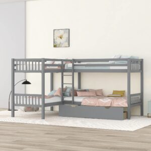 l-shaped bunk bed with drawers, bunk bed for 4 twin over twin for boys girls kids teen wood quad bunk beds frame, gray