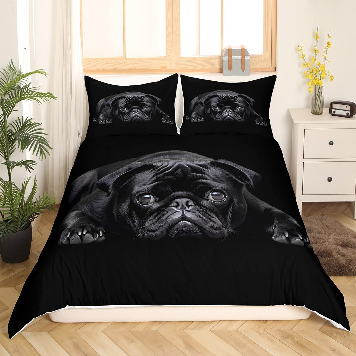 Dog Printed Duvet Cover Cute Pug Dog Bedding Set 3D Animal Theme Comforter Cover for Boys Girls Kids Room Decor Lovely Pet Dog Pattern Bedspread Cover Black Twin Size with 1 Pillow Case