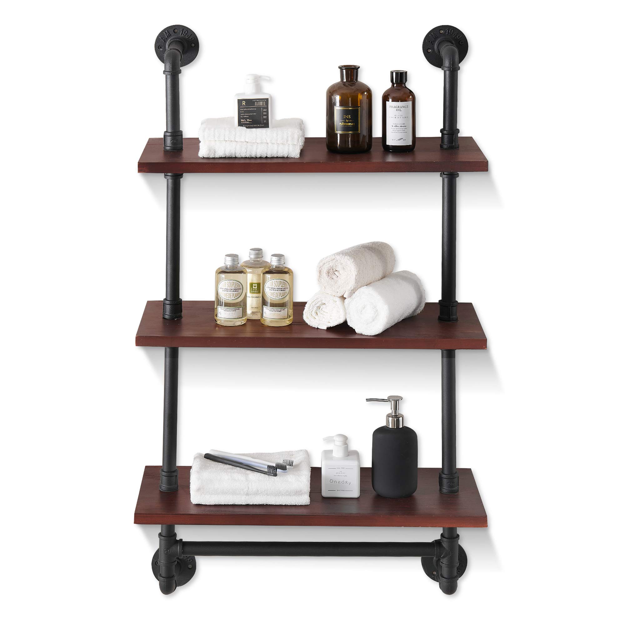 ivinta Bathroom Shelves Floating Shelves, 24" Towel Holder Pipe Wall Shelf Rustic Wall Mounted Storage Shelves with Towel Bar, Industrial Wall Organizer Towel Racks 3 Shelf…