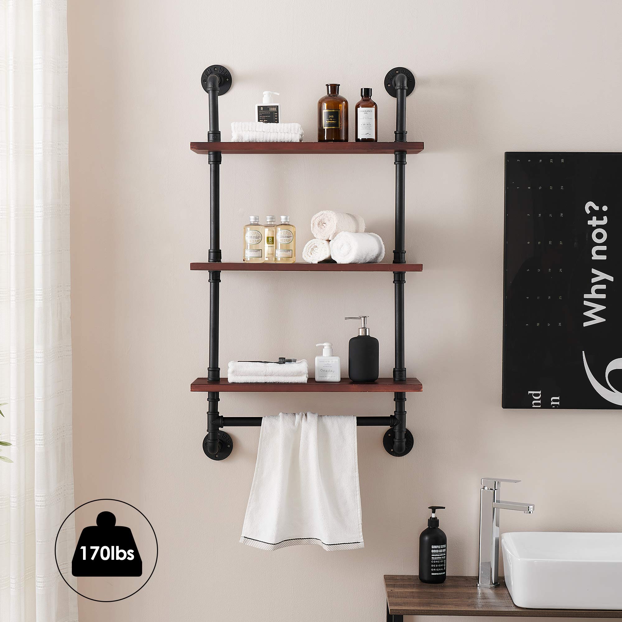 ivinta Bathroom Shelves Floating Shelves, 24" Towel Holder Pipe Wall Shelf Rustic Wall Mounted Storage Shelves with Towel Bar, Industrial Wall Organizer Towel Racks 3 Shelf…