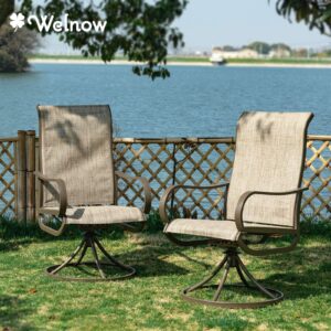 Welnow 2 Piece Linen Patio Swivel Dining Chairs Outdoor Kitchen Garden Metal Chairs, Patio Furniture Gentle Rocker Chair with Textilene Mesh Fabric, Brown, Set of 2