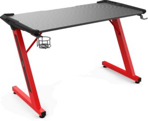 gamdias zeus large gaming desk with carbon fiber look surface home office computer table, gamer workstation with the cup headset holder, black, red