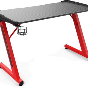 GAMDIAS Zeus Large Gaming Desk with Carbon Fiber Look Surface Home Office Computer Table, Gamer Workstation with The Cup Headset Holder, Black, Red