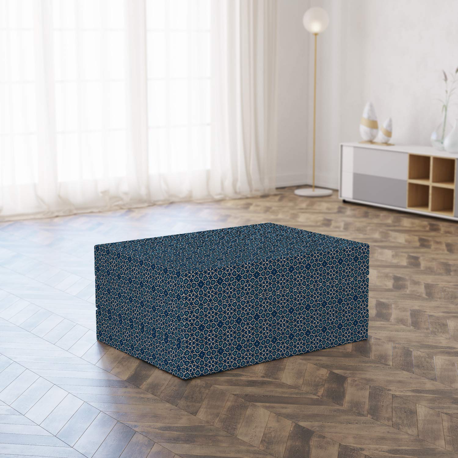 Ambesonne Oriental Foldable Mattress, Motif, 74.8" x 35.4", Turquoise Dark Blue