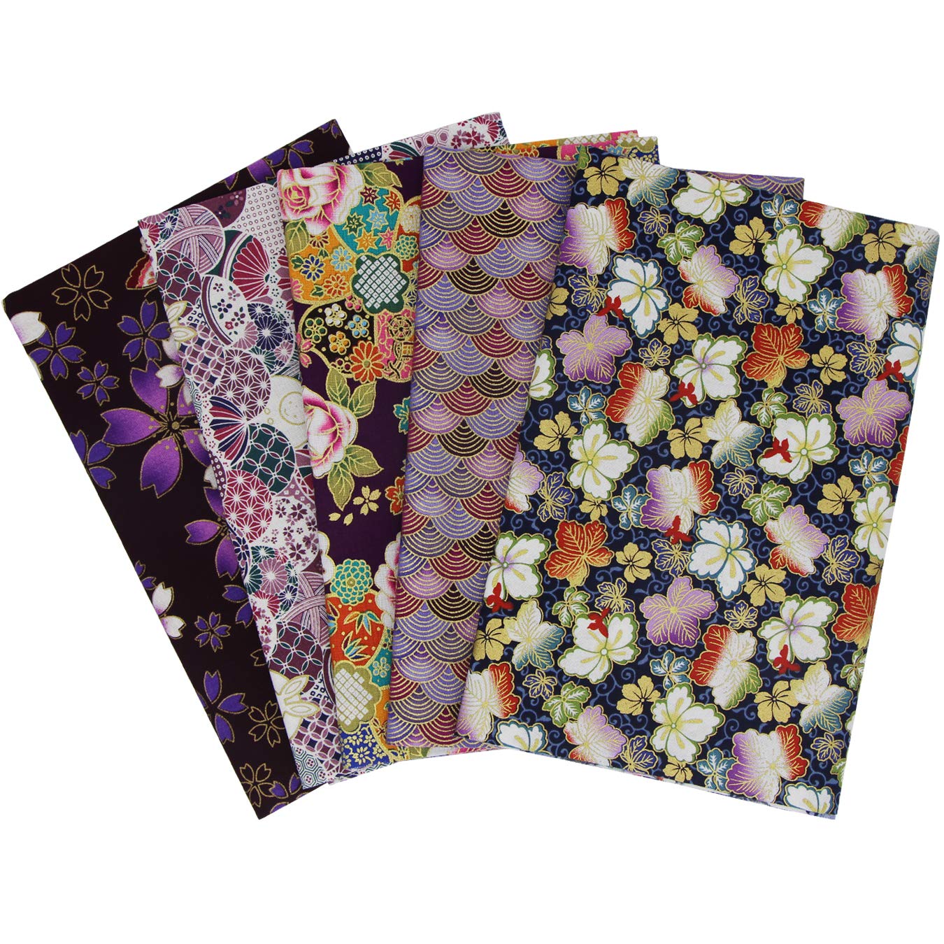 aufodara Crafts Quilting Fabric Cotton Squares Patchwork Bundle, 5PCS 50 x 50 cm Beautiful Bronzing Floral Gold Patterns Japanese Style Fabrics for Sewing Quilt DIY Artcraft Handwork (Purple)