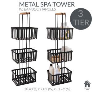 Simplify 3 Tier Metal Spa Tower | Bamboo Handles | Decorative Shelving Unit | Baskets | Bathroom Storage | Toiletries | Towels | Soap | Black