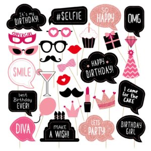 birthday photo booth props kit - happy birthday party favors supplies bday party decoration set with real glitter cute bday designs for women or girls - easy to assemble 30 pieces (rose gold)