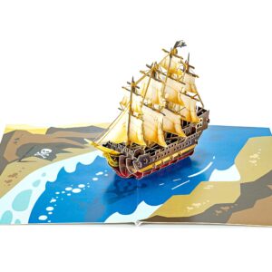 Pirate Ship - 3D Color Pop Up Greeting Card For All Occasions - Love, Birthday, Christmas, Good luck, Father's Day, Adventure, Travel - Message Note for Personalized - Thick Envelope, Fold Flat