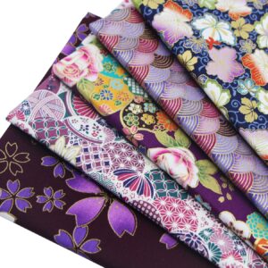 aufodara Crafts Quilting Fabric Cotton Squares Patchwork Bundle, 5PCS 50 x 50 cm Beautiful Bronzing Floral Gold Patterns Japanese Style Fabrics for Sewing Quilt DIY Artcraft Handwork (Purple)