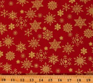 cotton holly jolly christmas winter metallic gold snowflakes on red cotton fabric print by the yard (d402.60)