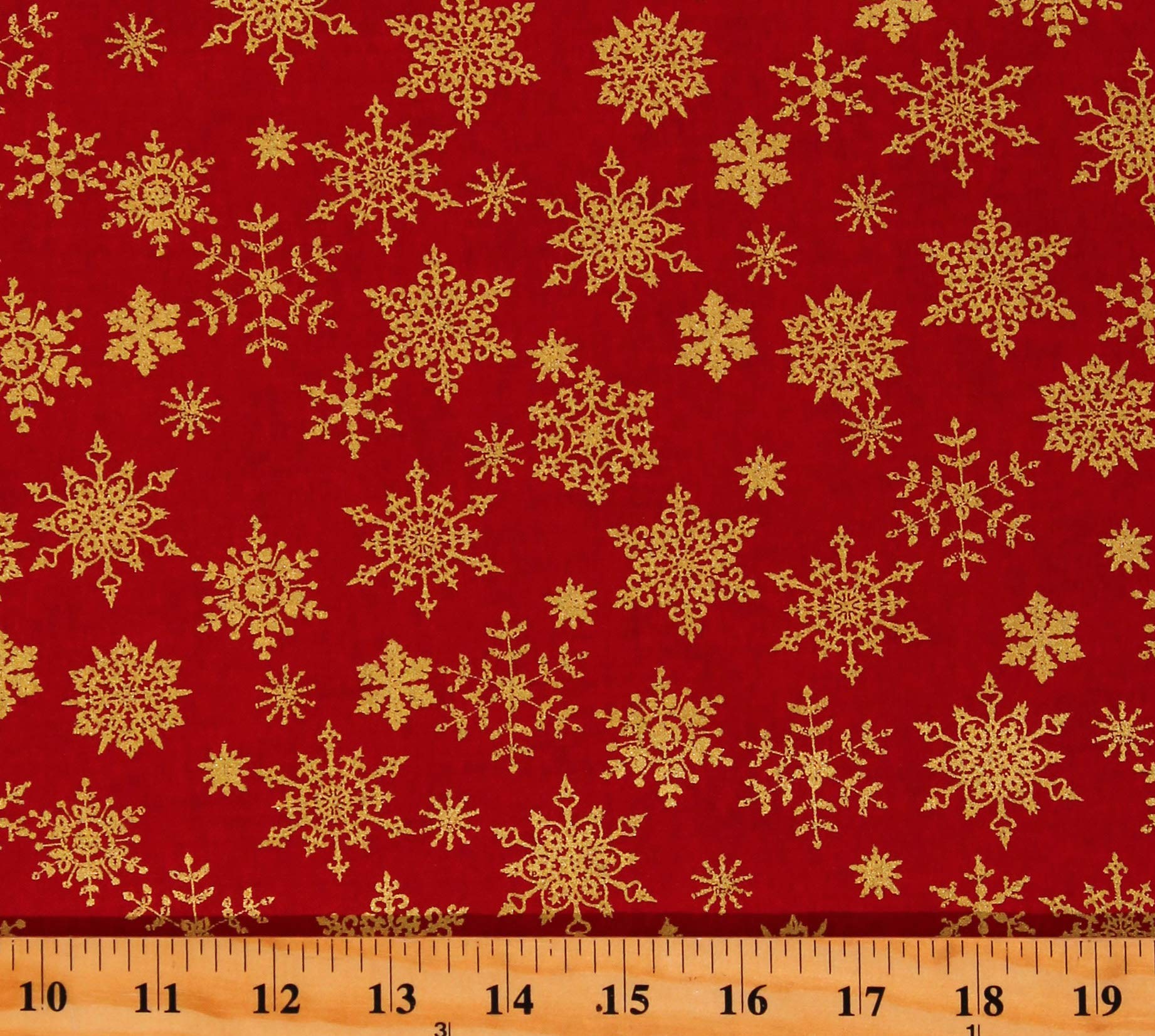 Cotton Holly Jolly Christmas Winter Metallic Gold Snowflakes on Red Cotton Fabric Print by The Yard (D402.60)