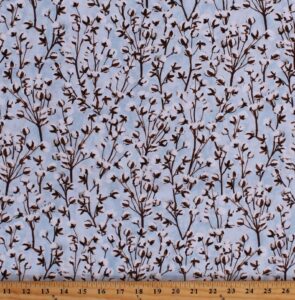 fields fabrics, 44 inches cotton bolls plants southern field of cotton on blue cotton fabric print by the yard (d768.51)