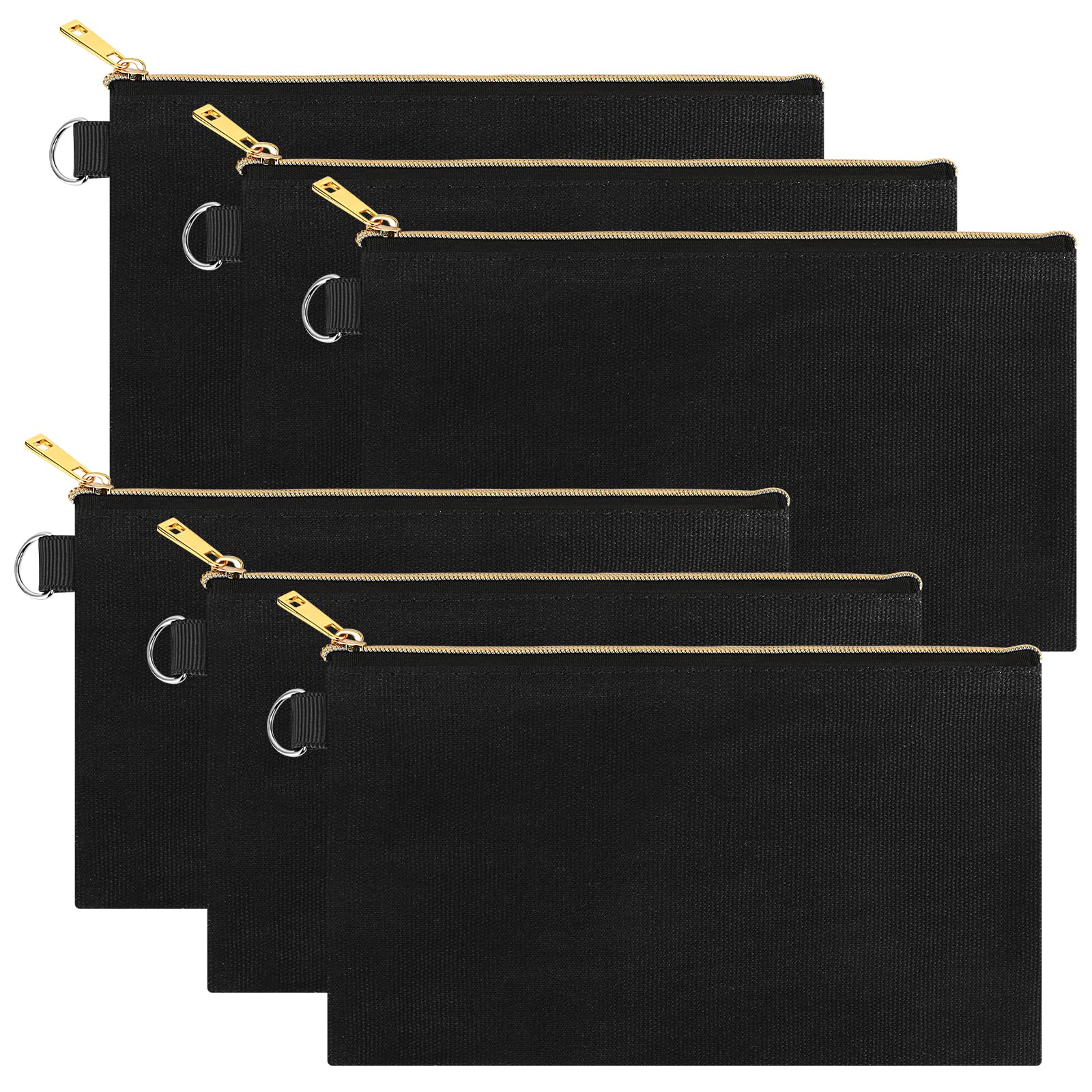 Muka 6 Pack Canvas Zipper Pouch Cosmetic Black Makeup Bag Travel Toiletry - Gold Zipper