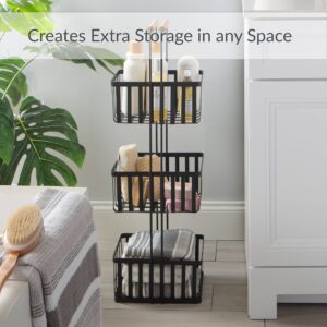 Simplify 3 Tier Metal Spa Tower | Bamboo Handles | Decorative Shelving Unit | Baskets | Bathroom Storage | Toiletries | Towels | Soap | Black