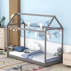 twin size house bed, wooden daybed, floor bed for toddlers, teens, girls, boys, kids house bed frame can be decorated (gray)