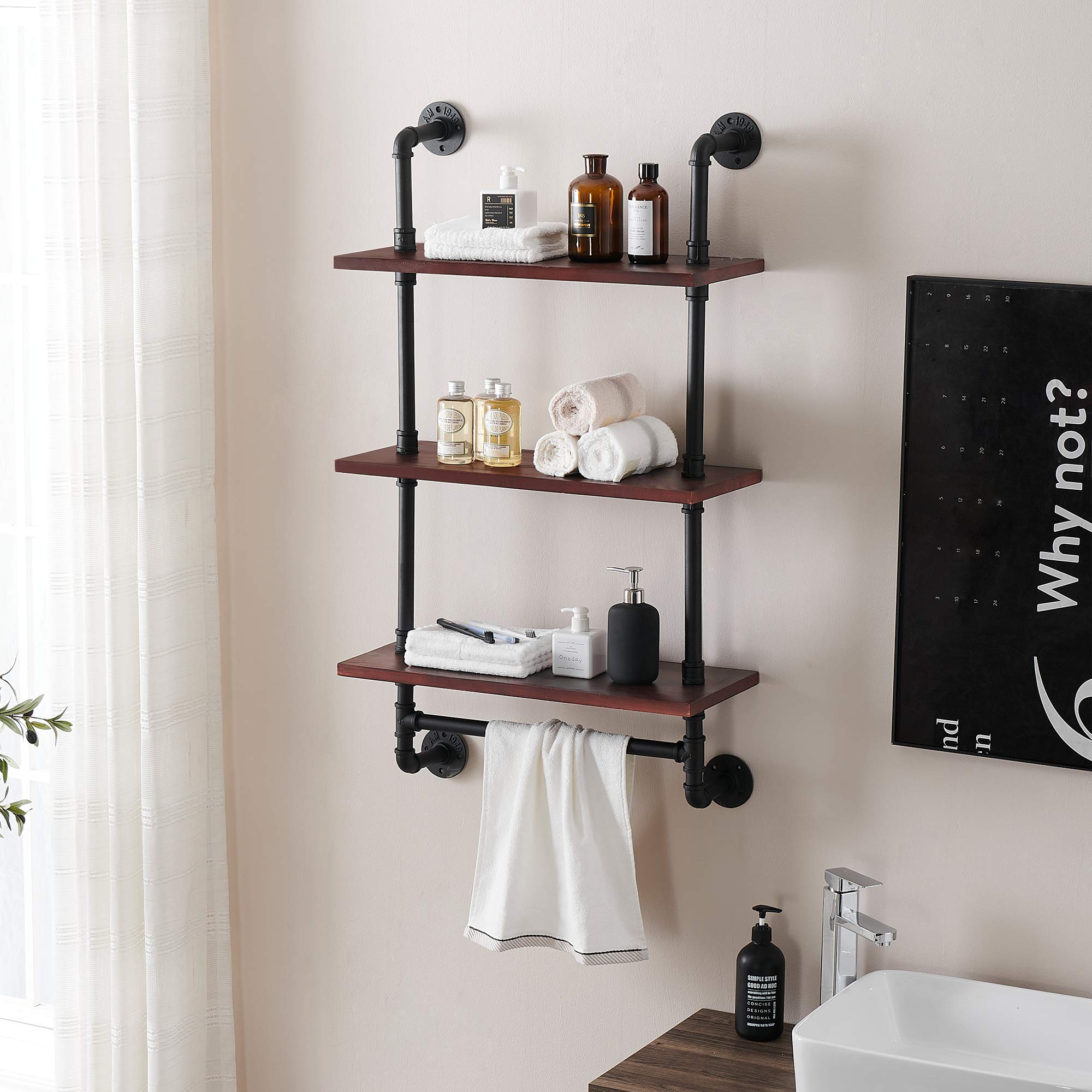 ivinta Bathroom Shelves Floating Shelves, 24" Towel Holder Pipe Wall Shelf Rustic Wall Mounted Storage Shelves with Towel Bar, Industrial Wall Organizer Towel Racks 3 Shelf…