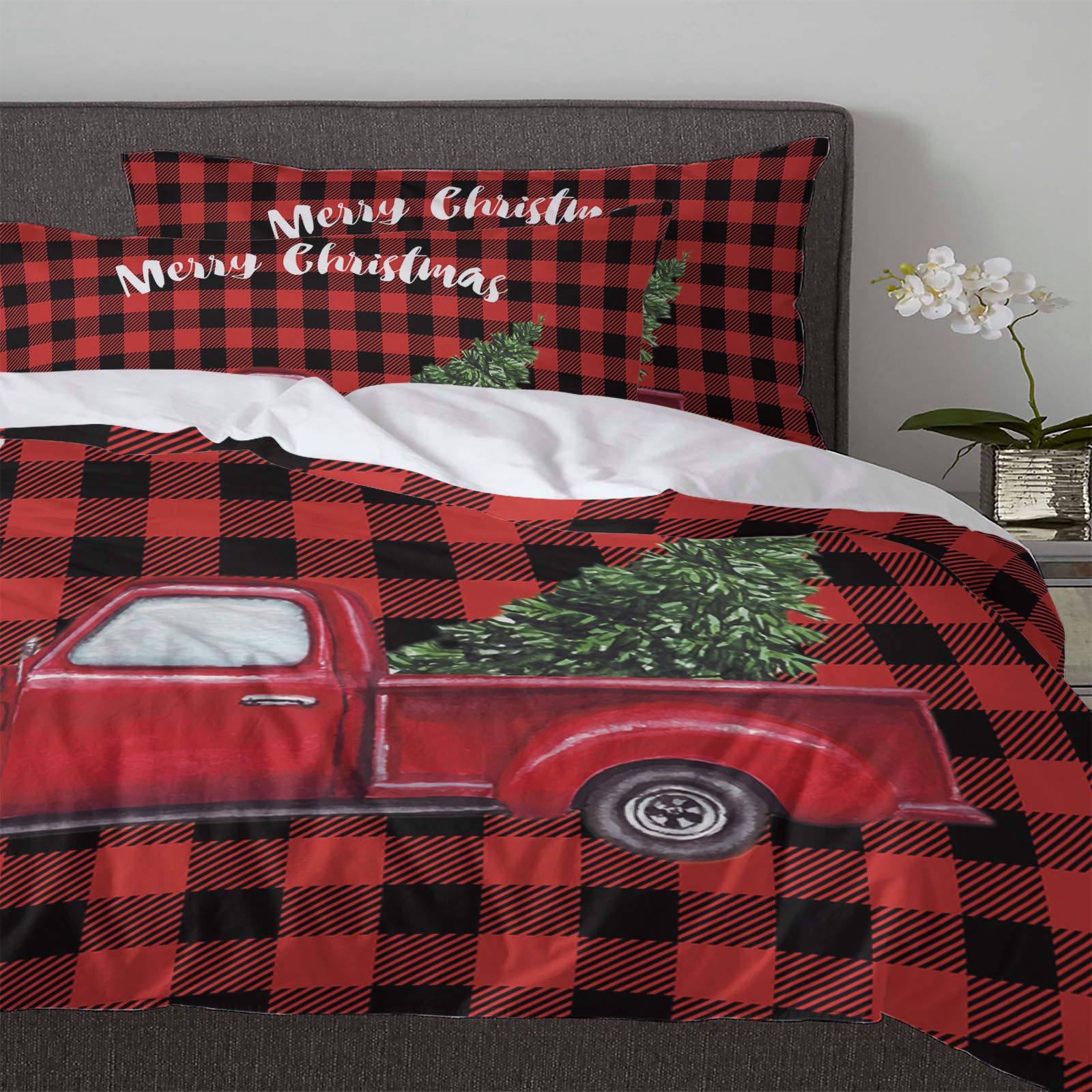 Merry Christmas Red Plaid Snowflake Bedding Duvet Covers Set 3 Pieces King,Truck Black Christmas Tree Ultra Soft Bedding Set With Corner Ties and Zipper Closure(Bed Covers+Pillow Shams),Washed Cotton