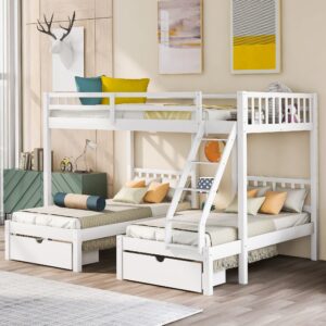 wood triple bunk bed full over twin &twin bunk beds for 3, wooden triple beds frame with drawers and guardrails for kids,teens, adults, no box spring needed (white)