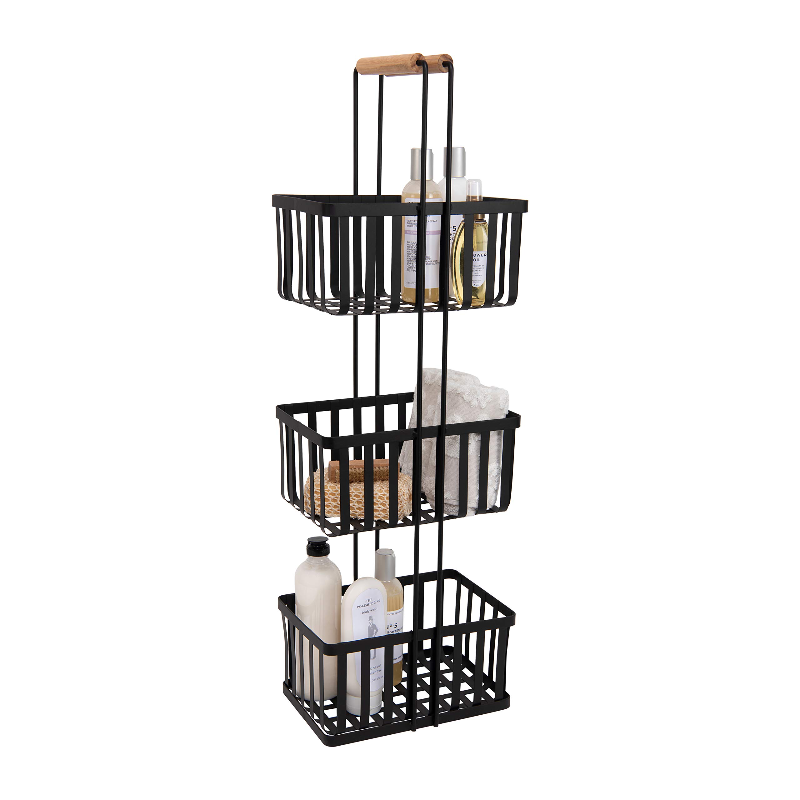 Simplify 3 Tier Metal Spa Tower | Bamboo Handles | Decorative Shelving Unit | Baskets | Bathroom Storage | Toiletries | Towels | Soap | Black