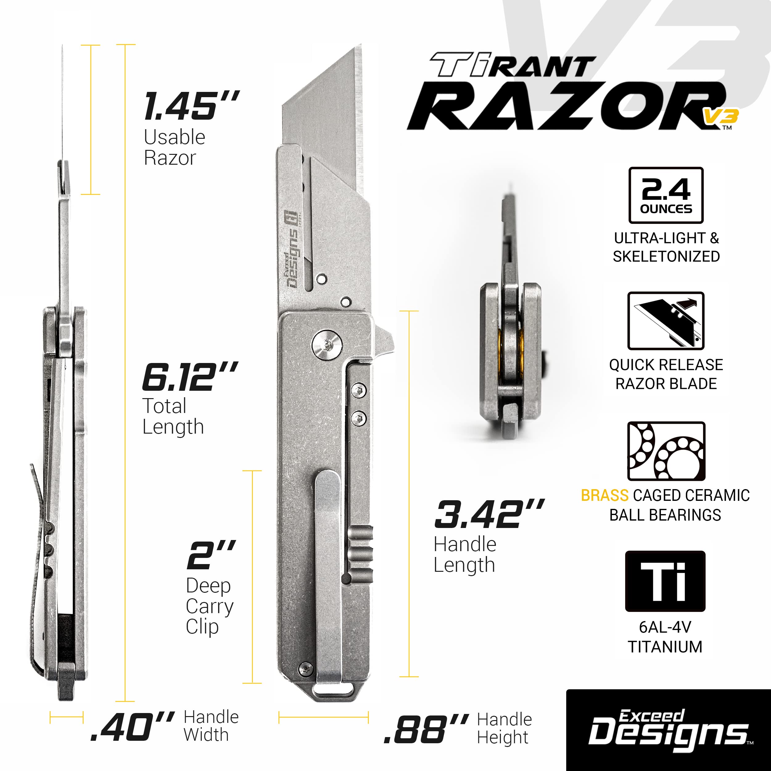 Exceed Designs TIRANT RAZOR V3 (Stonewashed) 6Al-4V Titanium Utility Knife & EDC Pocket Knife, Box Cutter, Razor Blade EDC Tool