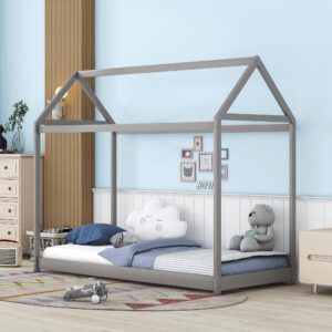 Twin Size House Bed, Wooden Daybed, Floor Bed for Toddlers, Teens, Girls, Boys, Kids House Bed Frame Can Be Decorated (Gray)