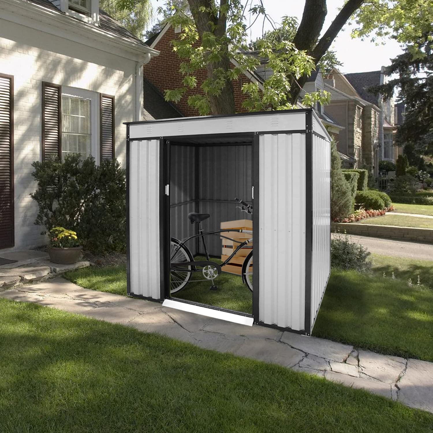 Oakmont Outdoor Garden Storage Shed 4' × 6' Feet Walk-in Garden Tool House with Double Sliding Doors, Yard Lawn (White)