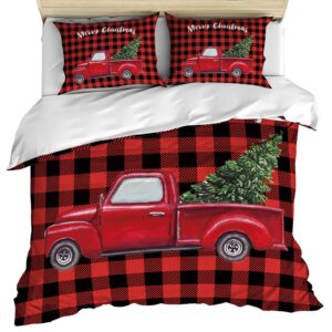 merry christmas red plaid snowflake bedding duvet covers set 3 pieces king,truck black christmas tree ultra soft bedding set with corner ties and zipper closure(bed covers+pillow shams),washed cotton