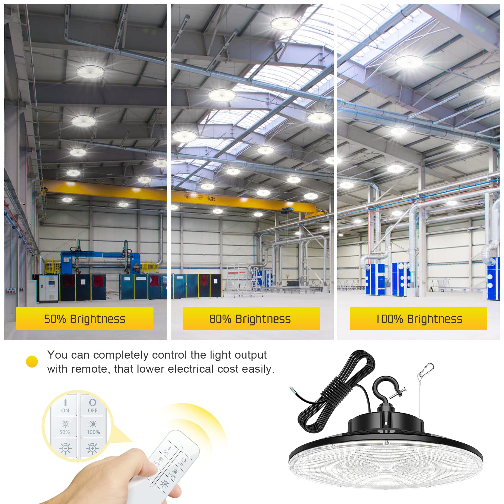 200W UL/DLC Listed LED High Bay Light Remote Control Dimmable Extra Bright Large 30,000Lm 5000K IP65 Waterproof LED UFO Warehouse Shop Bay Lights AC100-277V