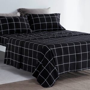 sleep zone printed plaid twin bed sheets set for kids 3 piece - double brushed microfiber super soft breathable bedding sheets with 16 inch deep pocket (white grid printed on black)