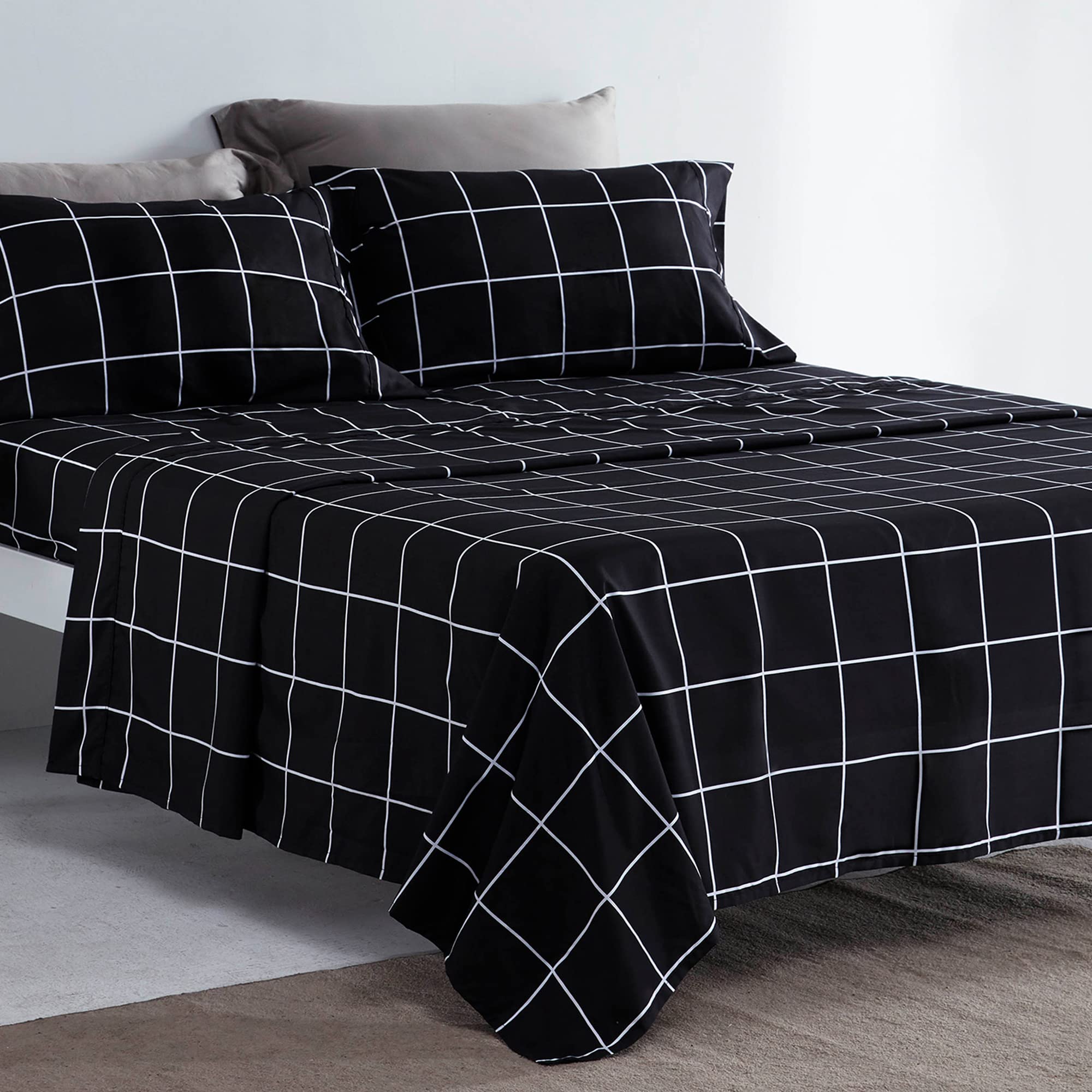 SLEEP ZONE Printed Plaid Twin Bed Sheets Set for Kids 3 Piece - Double Brushed Microfiber Super Soft Breathable Bedding Sheets with 16 inch Deep Pocket (White Grid Printed on Black)