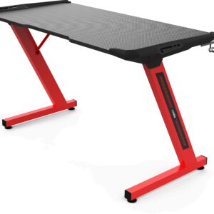 GAMDIAS Zeus Large Gaming Desk with Carbon Fiber Look Surface Home Office Computer Table, Gamer Workstation with The Cup Headset Holder, Black, Red