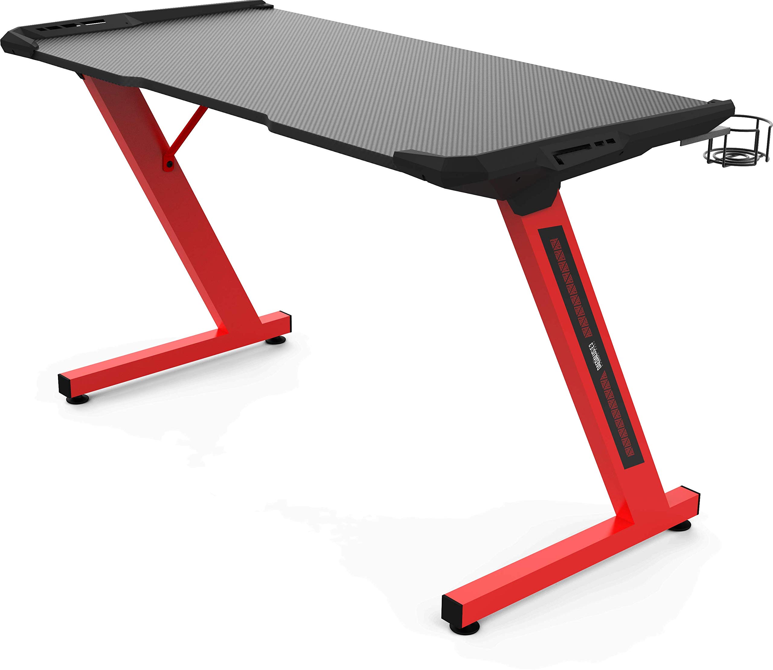 GAMDIAS Zeus Large Gaming Desk with Carbon Fiber Look Surface Home Office Computer Table, Gamer Workstation with The Cup Headset Holder, Black, Red