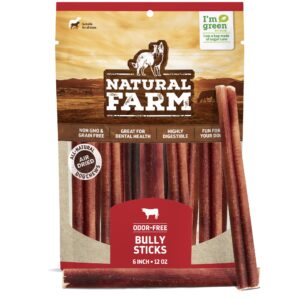 natural farm bully sticks, odor-free, (6 inch, 12 ounces), packaged by weight, 100% beef pizzle chews, grass-fed, fully digestible treats to keep your puppies, small and medium dogs busy